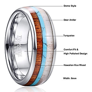 Vakki 8mm Koa Wood Tungsten Ring Deer Antler Turquoise Wedding Band Size 10