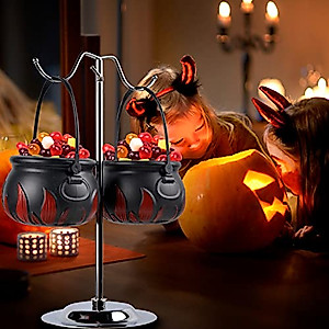 ChezMax Halloween Witch Cauldron, 2 Pack Plastic Candy Cauldron Flame Party Pots with Adjustable Holder, Black Spooky Halloween Bucket with Handle, Large Trick Or Treat Serving Bowls for Table Decor
