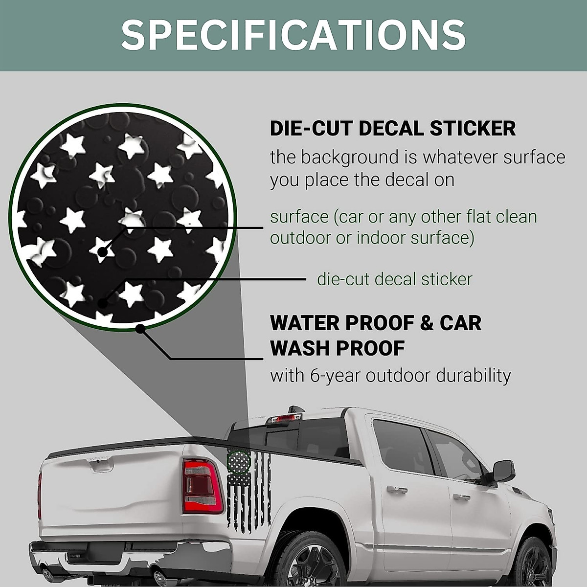 We The People Betsy Ross Flag 1776 Distressed American USA US Flag Truck Tailgate Vinyl Decal - 2 Pack - Stickers Preamble of The US Constitution fits Most Pickup Trucks (10" x 18", Matte Black)