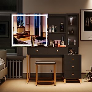 Wildhome Vanity Set with Lighted Mirror and Charging Station, Extra Large Mirror Makeup Vanity Table with Cushioned Stool,5 Drawers, Modern Vanity Table with Nightstand (Black, Large)