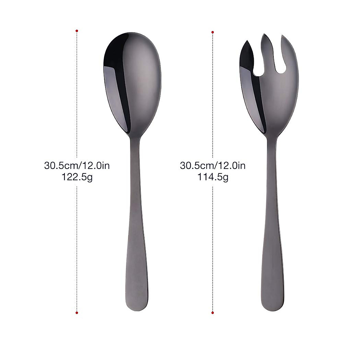 Mingcheng 12 Inches Stainless Steel Salad Server Sets with Salad Spoon and Fork, Cooking Utensils for Kitchen, Simple and Classic Dishwasher Safe(Black)