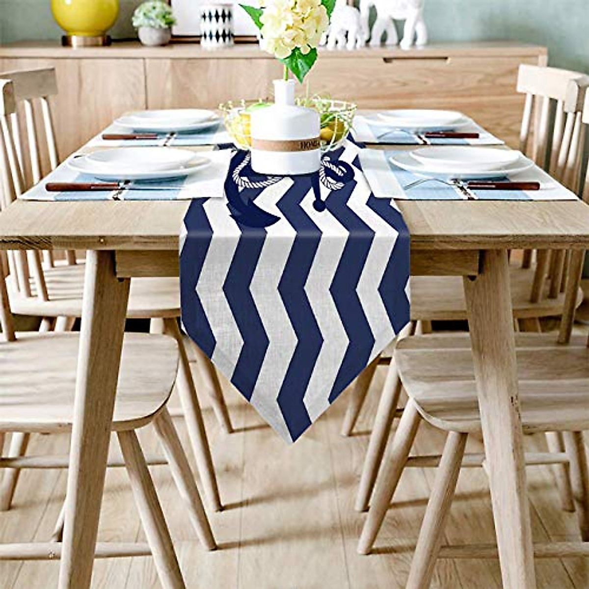 Big buy store Table Runner Nautical Anchor Cotton Line Table Covers for Dinner Kitchen Wedding Indoor and Outdoor Parties Chevron Zig Zag Pattern,Navy/White Table Setting Decor -13 x 70 inch