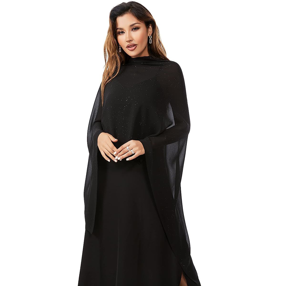 Gzcvba Chiffon Shawls Scarves Wraps for Bridal Wedding Party Evening Dress and Special Occasion Dresses Women Large Sparkly Shawl (Black B, 74.8 * 27.6in)