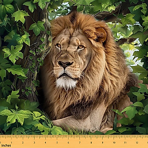 Erosebridal Farm Animal Fabric by The Yard,Lion Upholstery Fabric,Woodland Wildlife Decorative Fabric,Jungle Tree Leaves Indoor Outdoor Fabric for Quilting,Green Golden,1 Yard