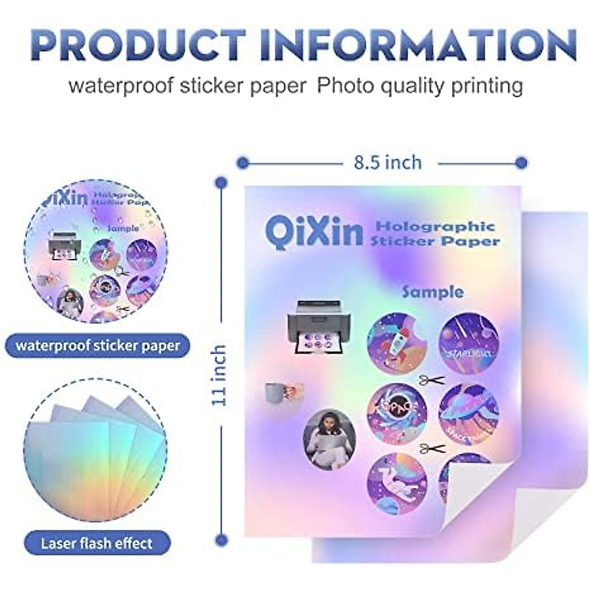 QiXin 24 Sheets Holographic Sticker Paper 8.5 x11 inch for Inkjet Printer & Laser Printer US letter size Holographic Printable Vinyl Rainbow Sticker Printer Paper Adhesive Waterproof Vinyl