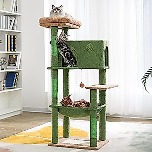 Meow Sir Cactus Cat Tree for Large Cats 53 Inches Multilevel Cat Tower with Large Hammock Super Spacious Condo and Wide Padded Perch Scratching Posts and Pad for Indoor Cats-Large Cactus