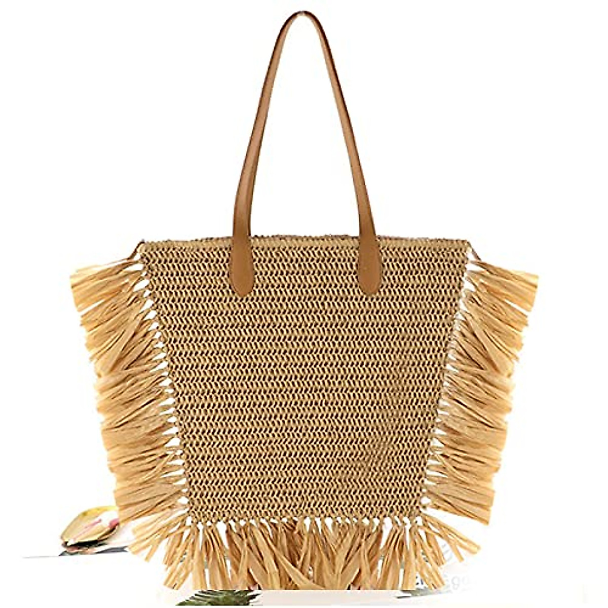 Women Large Fringe Straw Woven Shoulder Bag Summer Beach Top-Handle Bag Travel Tote