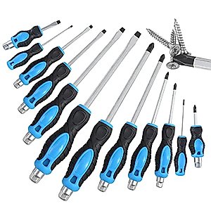12-Piece Through steel core Screwdriver Set,Go-thru Steel Blade High Torque for Fastening,Chiseling or Loosening Seized Screws,6Phillips&6Slotted Magnetic Bit,With Carry Case.Gifts for men