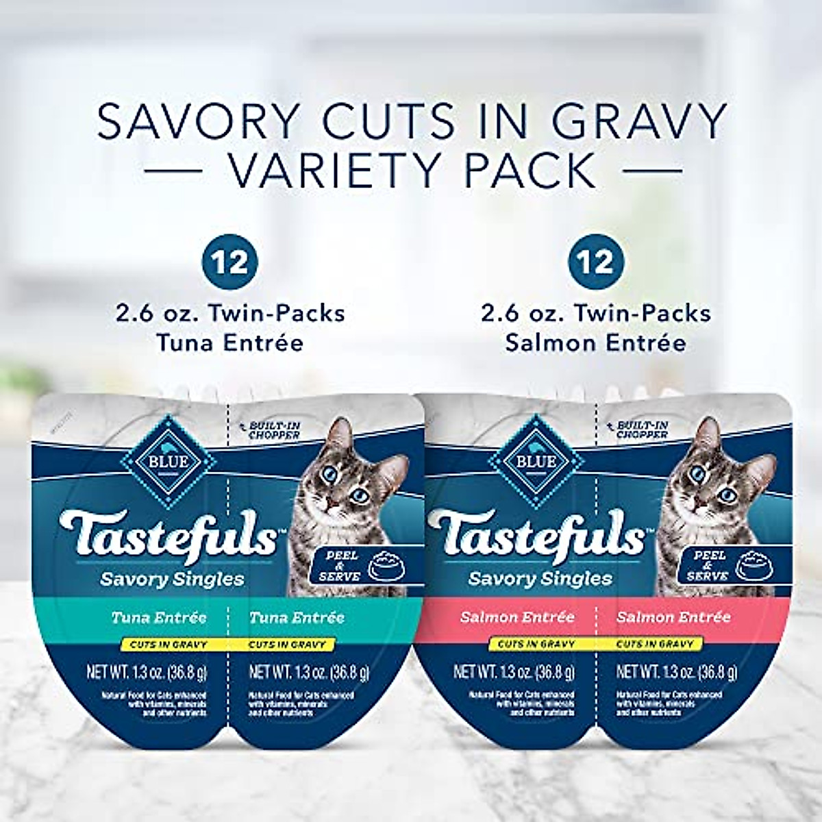 Blue Buffalo Tastefuls Savory Singles Adult Cuts in Gravy Wet Cat Food Variety Pack, Salmon and Tuna Entrée, 2.6-oz Twin-Pack Tray 24 Count(Pack of 2)