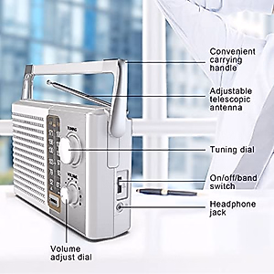 Yewrich AM FM Radio with Best Reception, Portable Battery Operated Transistor Radios, Headphone Jack, AC Powered, Suit for Senior and Home, White