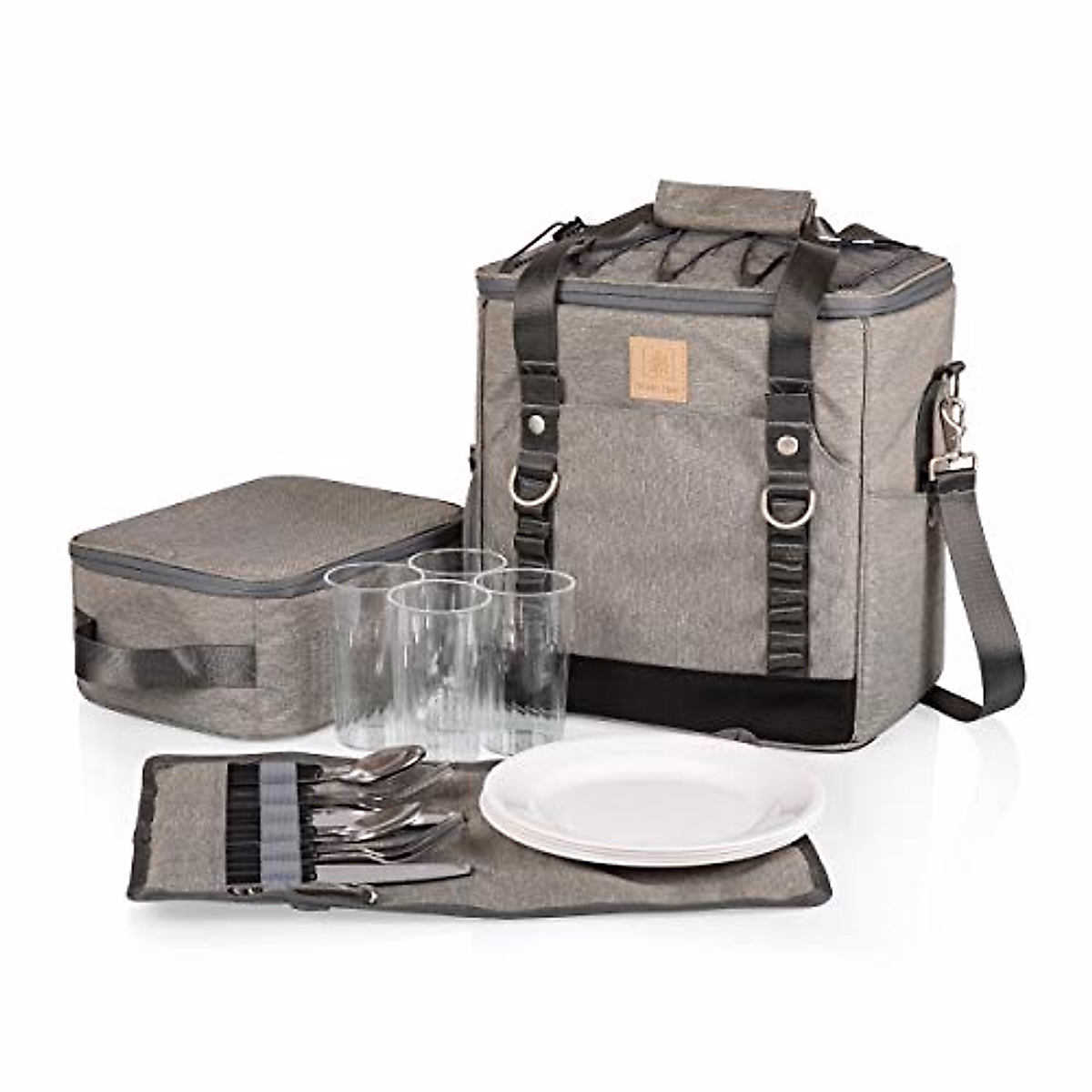 PICNIC TIME - PT-Frontier Picnic Cooler Tote - Soft Cooler Bag with Picnic Set - Picnic Tote, (Heathered Gray)