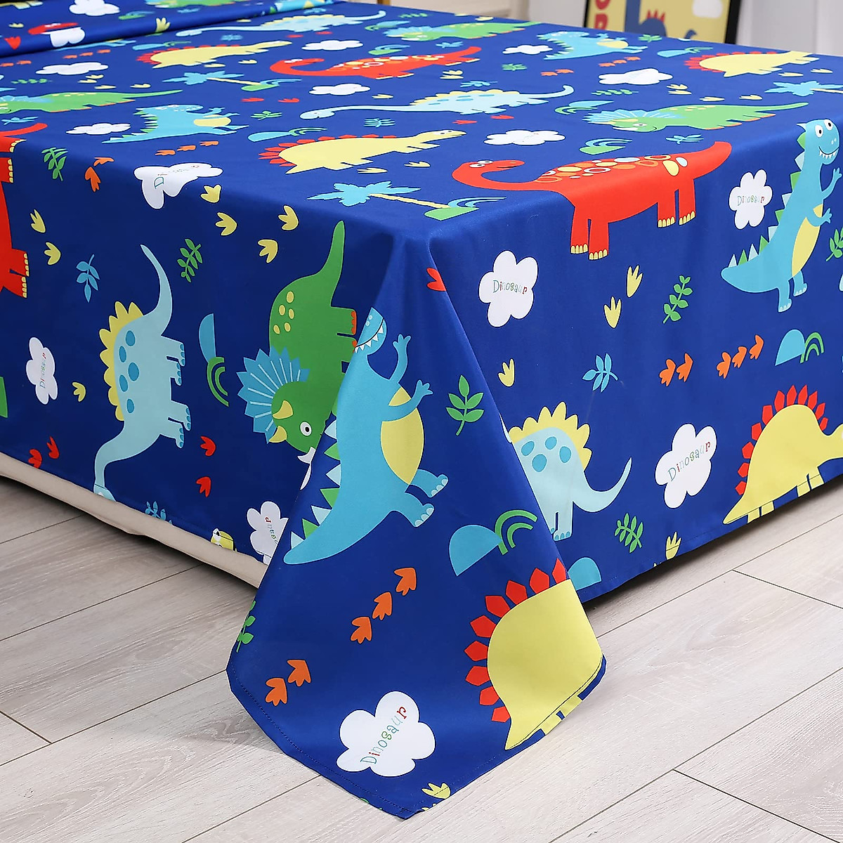 Cloele Dinosaur Twin Sheets Set for Boys - 3 Piece Blue Kids Bedding Sheet Set Includes Flat Sheet Fitted Sheet Pillowcase for Twin Beds - 100% Polyester Children Bed Sheet Set for Boys Deep Pocket