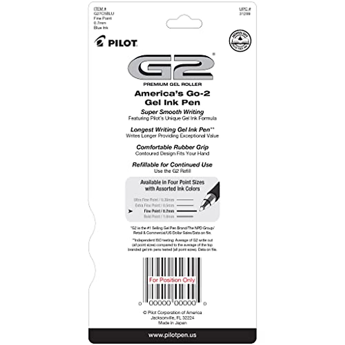 PILOT G2 Premium Refillable and Retractable Rolling Ball Gel Pens, Fine Point, Blue Ink, 5-Pack (31299)