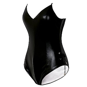 Angelaicos Womens Bunny Costume Set Senpai Cosplay Halloween Roleplay Bodysuit Stockings (PU Black, X-Large)