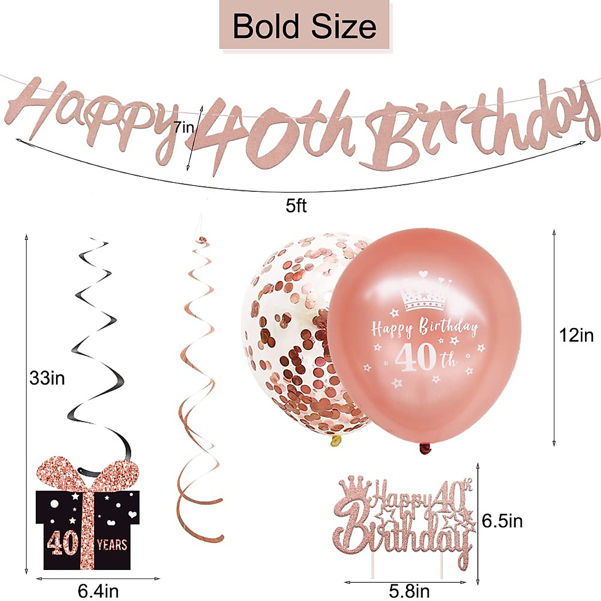 WOJOGO 40th Birthday Decorations Women, Rose Gold & Black 40 Birthday Decorations For Women Men, Including Happy 40th Birthday Banner Hanging Swirls Cake Topper Balloons for Party Supplies