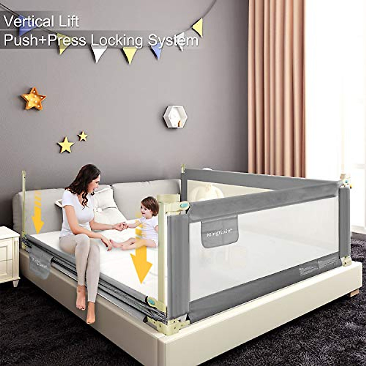 Mingfuxin Extra Long Safety Bed Rails for Toddlers, Vertical Lifting Foldable Bed Guardrail Crib Bed Rails Guard for Kids Twin, Double, Queen & King Size with Dual Lock- Single Side 70"