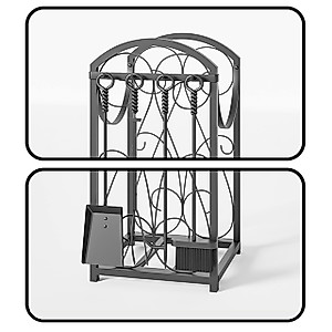 Kingson 5-Piece Firewood Log Rack With 4 Fireplace Tools Set Fireside Holder Wood Lumber Storage Stacking With Tongs Shovel Poker And Brush-Black