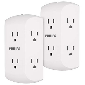 Philips 6-Outlet Extender, 2 Pack, Resettable Circuit Breaker, Adapter Spaced Outlets, 3-Prong, Charging Station, Side Access, Grounded Wall Tap, Perfect for Cell Phone Charging, White, SPS1462WA/37