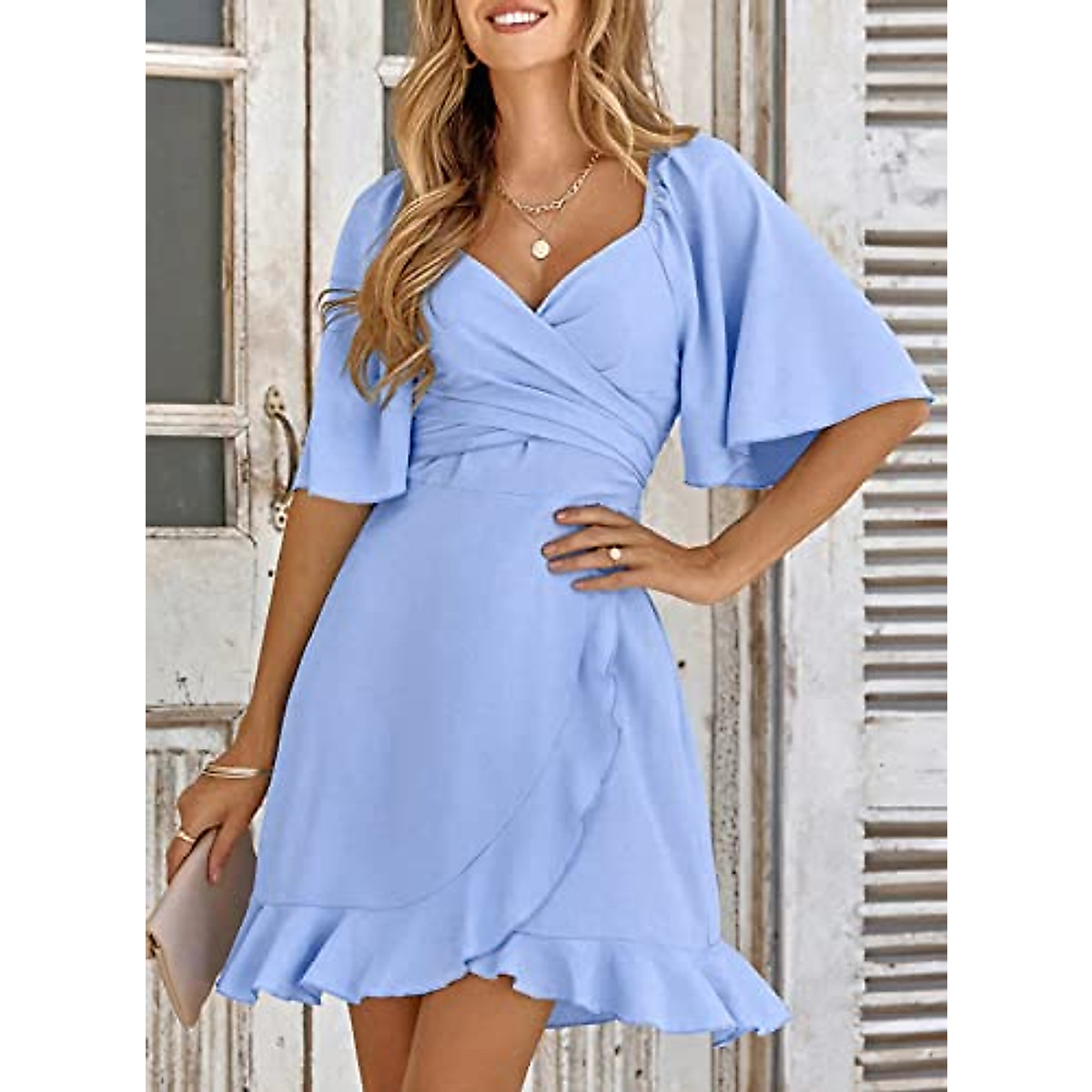 Dokotoo Women's Wrap V Neck Short Flared Sleeve Smocked Elastic Waist Tiered Belted Ruffle Hem Party Short Dress Sky Blue S