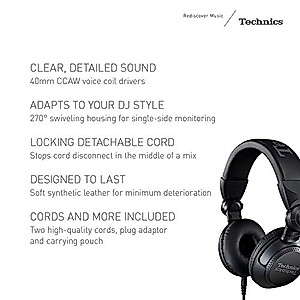 Technics Professional DJ Headphones with 40mm CCAW Voice Coil Drivers, 270° Swivel Housing and Locking Detachable Cord; Lightweight, Foldable High Input - EAH-DJ1200 (Black)