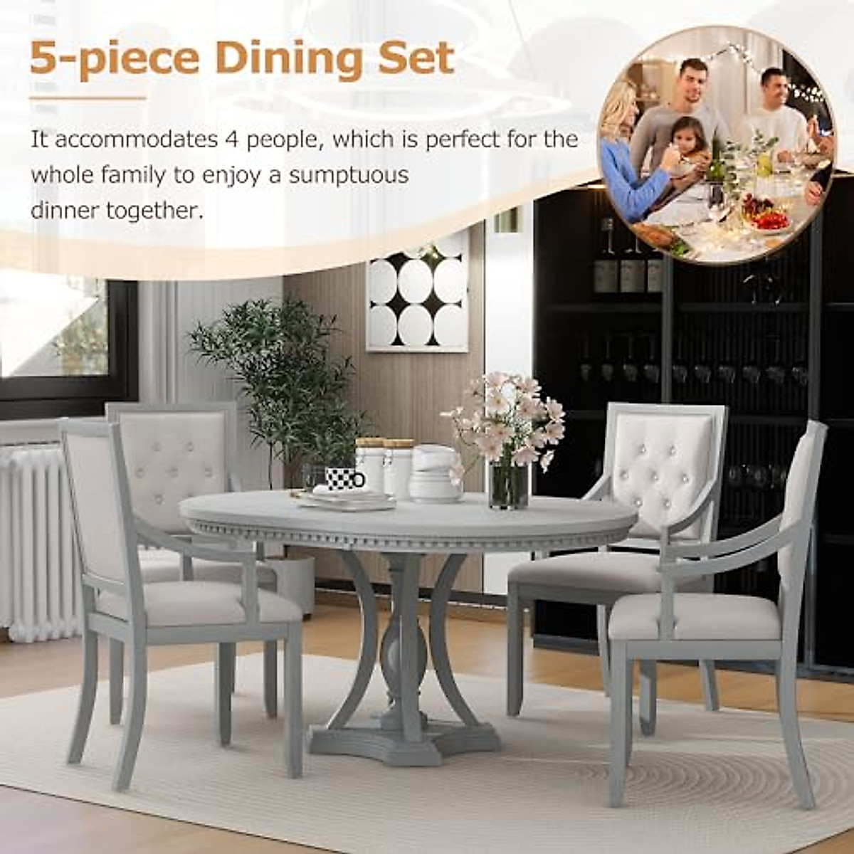 UBGO 5-Piece, Kitchen Room Sets with Wooden Round Extendable Table and 4 Upholstered Dining Chairs-Antique Gray
