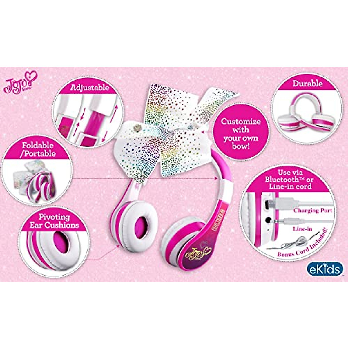 JoJo Siwa Kids Bluetooth Headphones for Wireless Rechargeable Foldable Bluetooth Headphones with Microphone Kid Friendly Sound and Bonus Detachable Cord