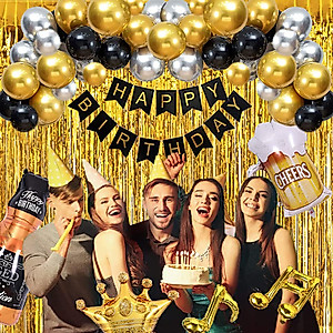 Black and Gold Birthday Party Decorations for Men, Happy Birthday Balloons for Him with Banner, Foil Balloons, Fringe Curtains, Crown, Beer Balloons for 18th 30th 40th 50th 60th 70th
