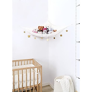 Mkono Stuffed Animal Toy Hammock Hanging Macrame Stuffed Animals Storage Net with Wooden Stars Decorations Boho Large Corner Plush Toys Holder for Nursery Playroom Kids Room Organizer, White
