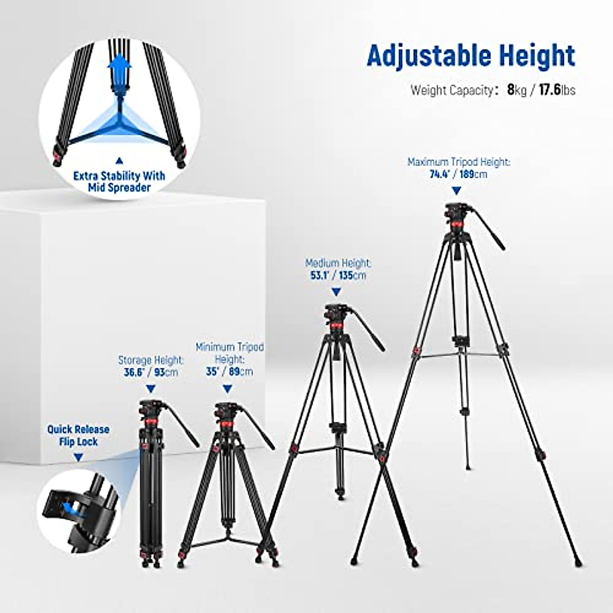 NEEWER 74" Pro Video Tripod with Fluid Head, All Metal Heavy Duty QR Plate Compatible with DJI RS Gimbals Manfrotto, Flexible 360° Pan&+90°/-75° Tilt with Adjustable Damping Max Load 18lb/8kg, TP75