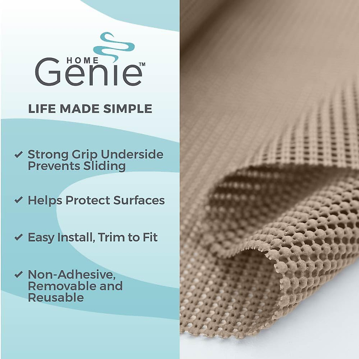 HOME GENIE Drawer and Shelf Liner, Non Adhesive Roll, 12 Inch x 20 FT, Durable and Strong, Grip Liners for Drawers, Shelves, Cabinets, Pantry, Storage, Kitchen and Desks, Light Taupe