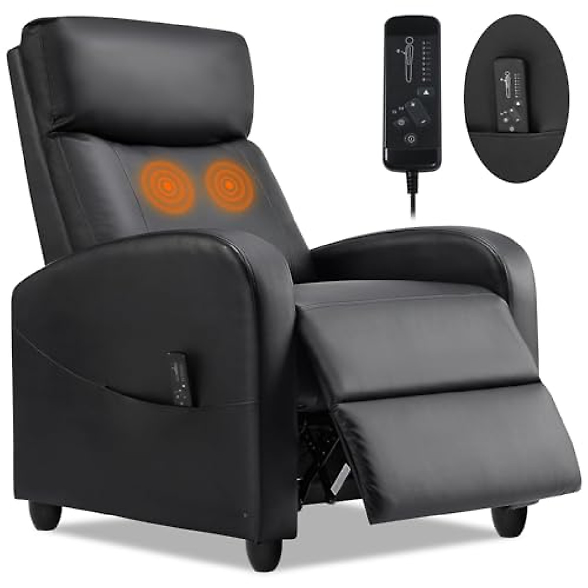 SMUG Recliner Chair for Adults, Massage PU Leather Recliner Sofa for Living Room, Adjustable Home Theater Seating with Padded Seat Backrest, Small Reclining Chair for Small Space (Light Black)