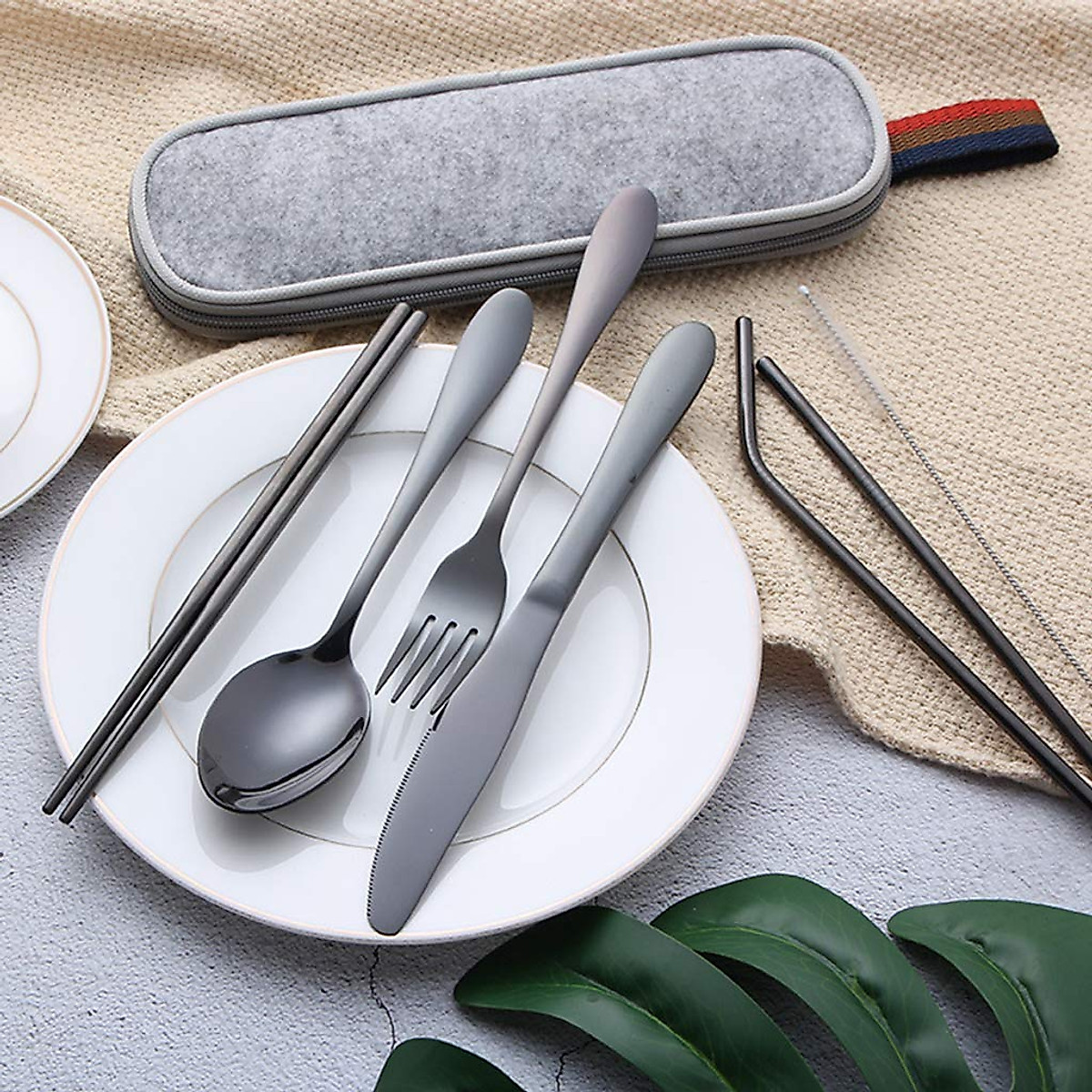 Portable Travel Silverware Set with Case, Reusable Camping Eating Utensils Set, Stainless Steel Cutlery Set for 1, Knife Fork Spoon Chopsticks (9 pieces black)