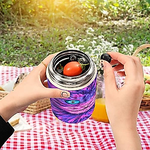 CUPADA Purple Cat Face Food Jar, Cute Animal Insulated Hot Food Jars Vacuum 17OZ with Folding Spoon for Work Trip Picnic Camping
