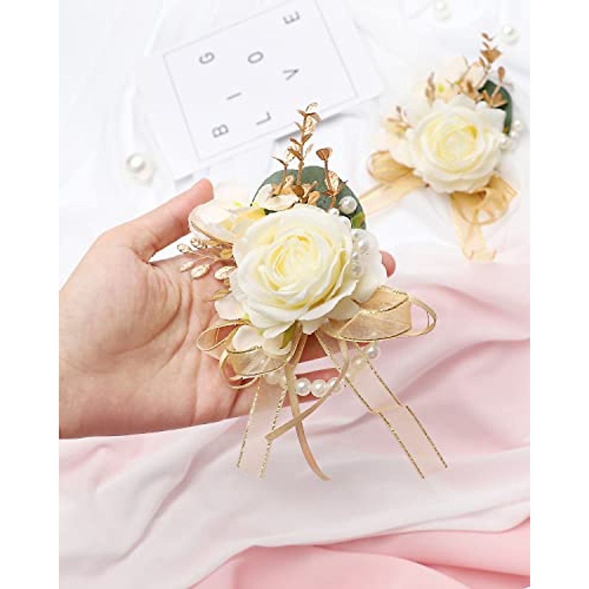 Rose Wrist Corsage and Boutonniere Set Artificial Corsage Wristlet Bracelet for Wedding Decorations Prom Ceremony Accessories (2pcs, Champagne)