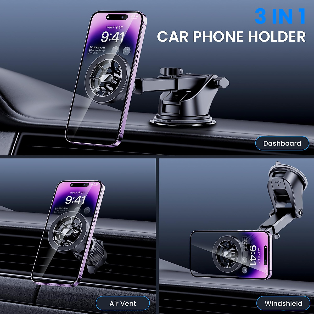 PGU for MagSafe Car Mount, [Strong Magnets] 3 in 1 Universal Magnetic Phone Holder for Car Dashboard/Windshield/Vent Car Phone Holder Mount for iPhone 14 13 12 Pro Max Plus Mini Android All Phones