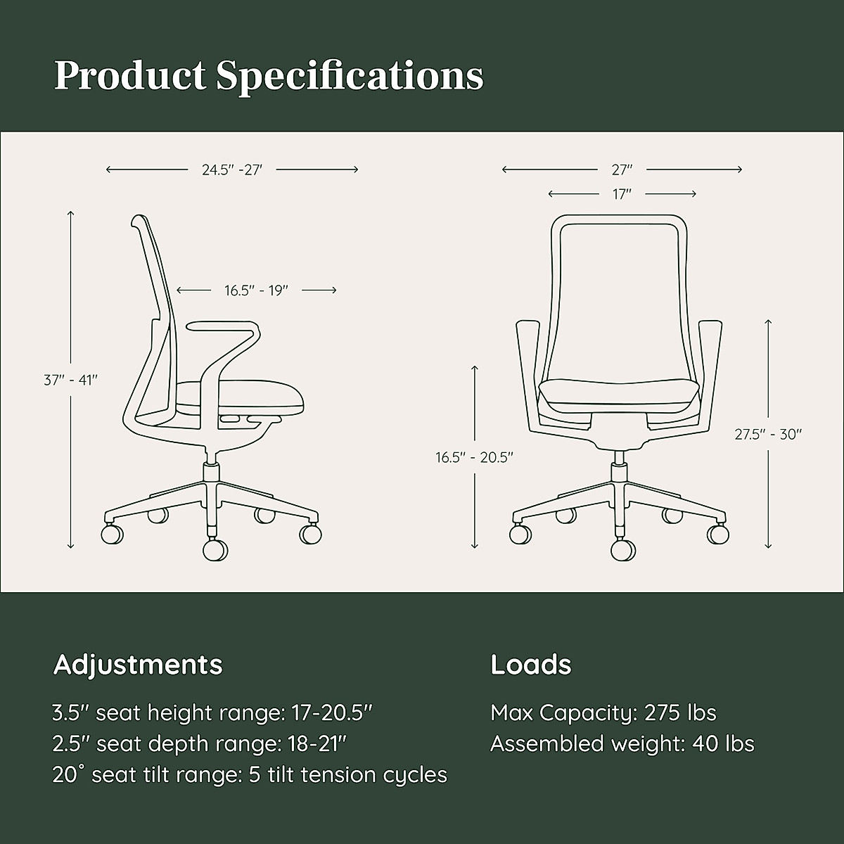 Branch Verve Chair - High Performance Executive Office Chair with Contoured Seat Back and Adjustable Lumbar Rest - High Density Foam Cushion with Aluminum Base - Up to 275 lbs - Galaxy
