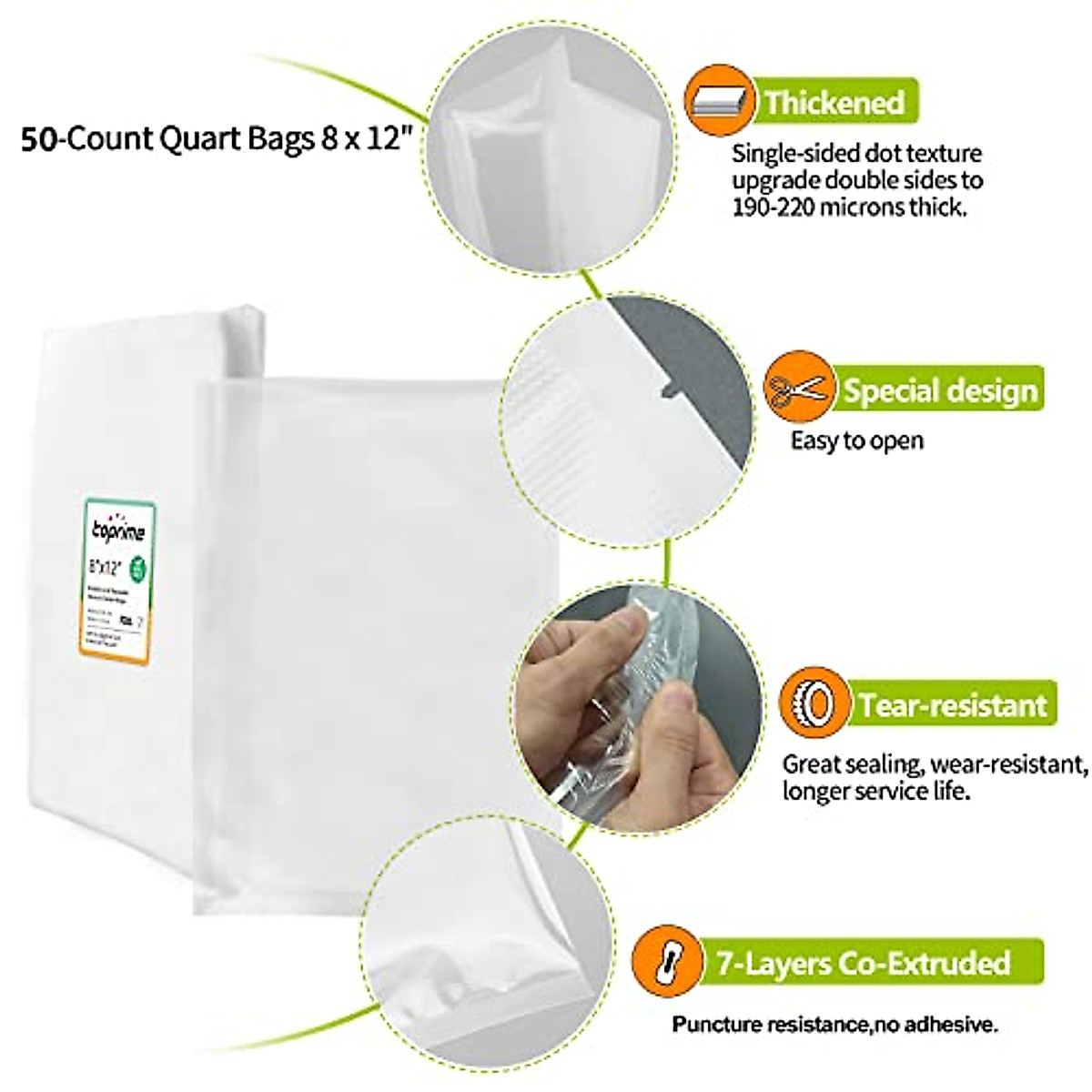 Toprime Vacuum Sealer Bags 50 Count 8" x 12" for Food Storage, 7-layer Physical Coextrusion Bag Designed for Seal a Meal, BPA Free, Heavy Duty, Puncture Resistance, Great for vac storage, Meal Prep or Sous Vide