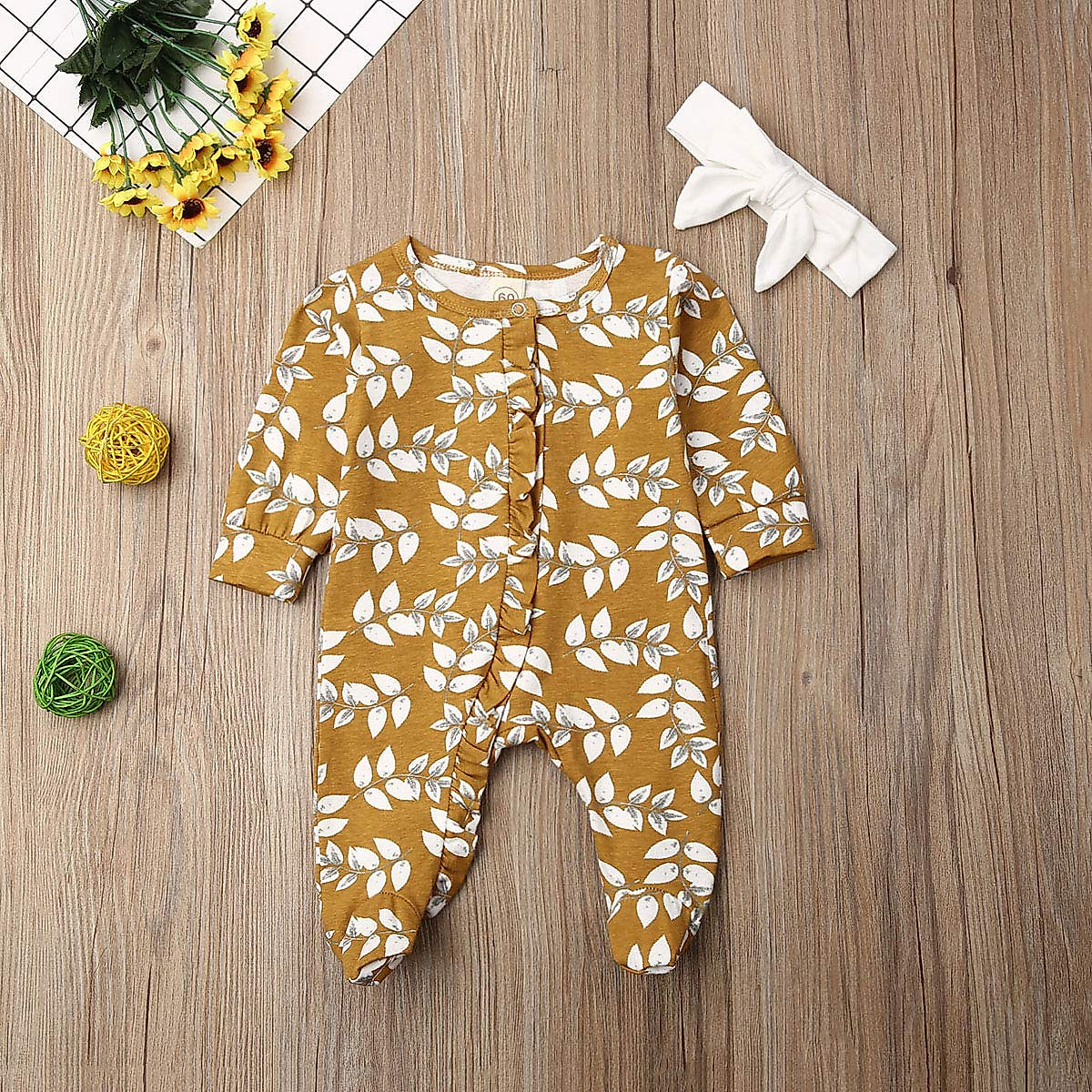 Ayalinggo Newborn Baby Girl Boy Romper Jumpsuit Footed Romper Ruffle Footie Bodysuit Fall Winter Outfit Clothes (Floral Footies, 0-3 Months)