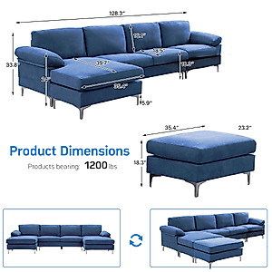 SUMKEA U-Shaped Sectional Sofa with Chaise, Larger Sectional Sofa Set for Living Room, Modern 128" Velvet Corner Sofa for Home and Office (Blue)
