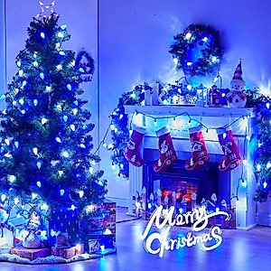 Brightown C9 LED Christmas String Lights, 33ft 50 LED Waterproof Strawberry String Lights, Extendable Green Wire Lights String for Outdoor Indoor Patio Party Decoration, Blue and White