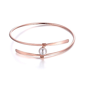 POPLYKE Sterling Silver 18K Rose Gold Single Freshwater Pearl Bangle Bracelets Wedding Bridesmaids for Women Mom (18k rose gold bangle)