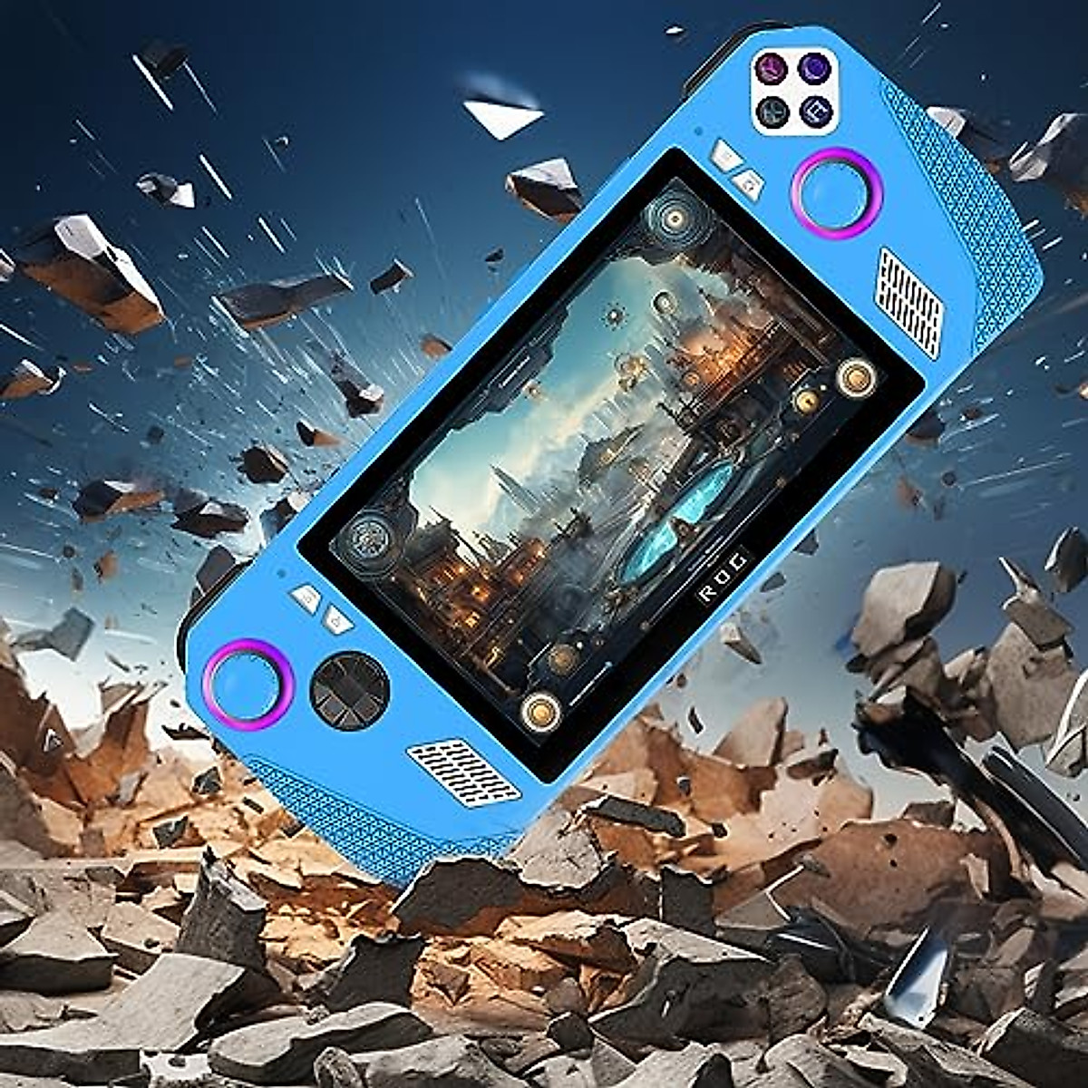 PAKESI Silicone Case for ASUS ROG Ally 2023 Release,Handheld Game Console Cover Protector Case with 2 Thumb Grip Caps and 2 Pack Screen Protectors - Enhance Your Gaming Experience(Blue)