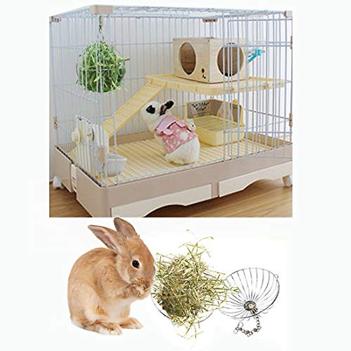 Tfwadmx Rabbit Hay Feeder, Grass Play Hay Ball Chew Toy Stainless Steel Food and Grass Frame Bowls, Small Animals Hay Manger Dispenser for Hamsters Gerbils Chinchillas Guinea Pigs