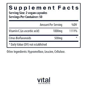 Vital Nutrients Vitamin C with Bioflavonoids | Vegan Supplement for Immune Support* | 1000mg Vitamin C and 500mg Citrus Bioflavonoid | Gluten, Dairy and Soy Free | Non-GMO | 100 Capsules