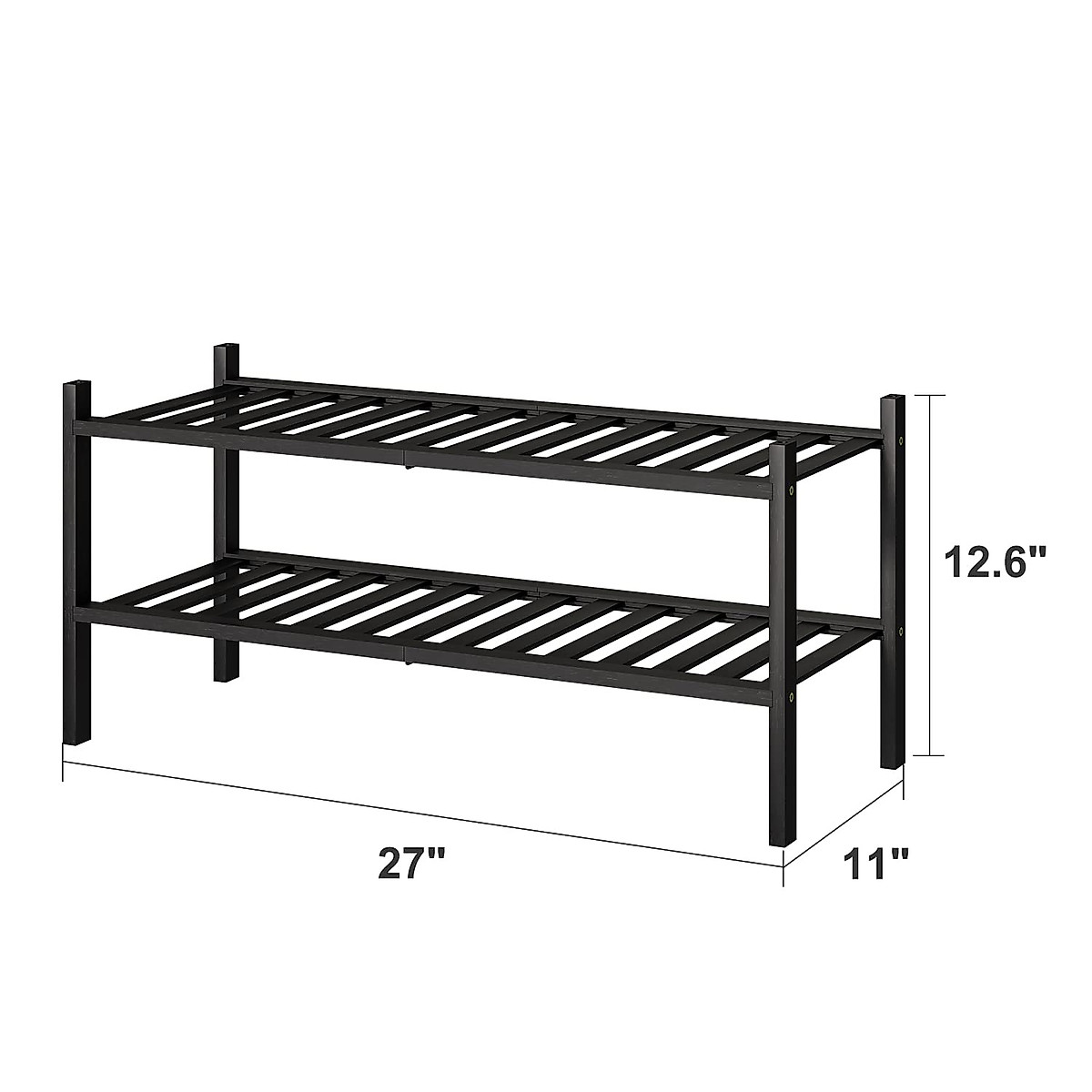 2-Tier Black Bamboo Shoe Rack for Entryway, Stackable | Foldable | Natural, Shoe Shelf Storage Organizer for Hallway Closet, Free Standing Shoe Racks for Indoor Outdoor