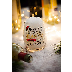 Cypress Home Beautiful Christmas He Sees You When You're Drinking Metallic Stemless Wine Glass - 4 x 5 x 4 Inches Indoor/Outdoor home goods For Kitchens, Parties and Homes