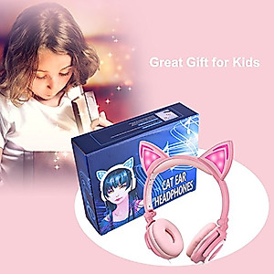 Sunvito cat Ear Headphones, On-Ear Kids Headphones Wired LED Lights 3.5mm Jack, 85dB Volume Control Kid Earphones for School, Foldable Headphones for Kids Headphones (Pink)