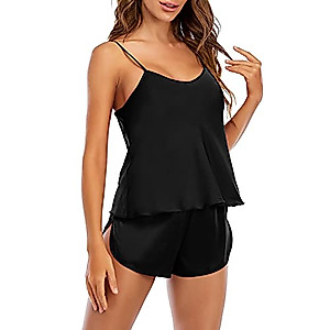 Zando Womens Plus Size Lingerie Sexy Back Pajamas Satin Lingerie Sleepwear Shorts Silk Sleepwear Sets for Women PJ Set 2 Piece Summer Pajamas Set Cami Shorts Pajama Black Large