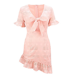 Padaleks Womens Deep V Neck Front Knot Tie Dresses Short Sleeve Sexy Ruffles Fashion Irregular Hem Mini Dress