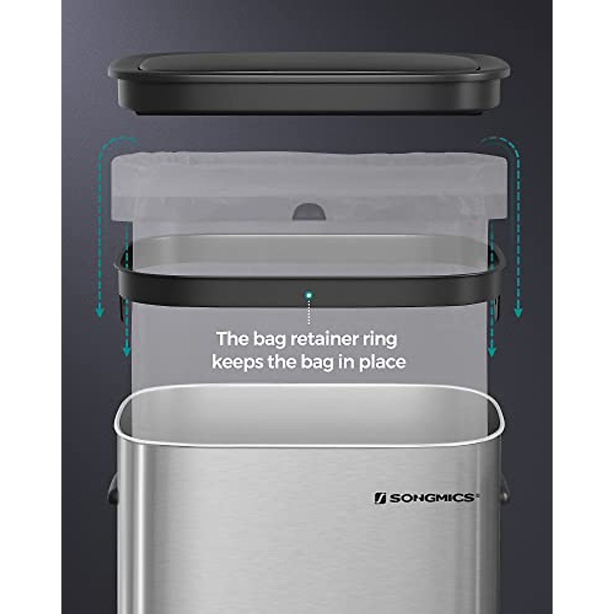 SONGMICS Motion Sensor Trash Can, 13 Gallon Automatic Garbage Can with Soft-Close Lid and Bag Retainer Ring, Stainless Steel, Touchless Kitchen Trash Bin, 15 Trash Bags Included, Silver ULTB610E50